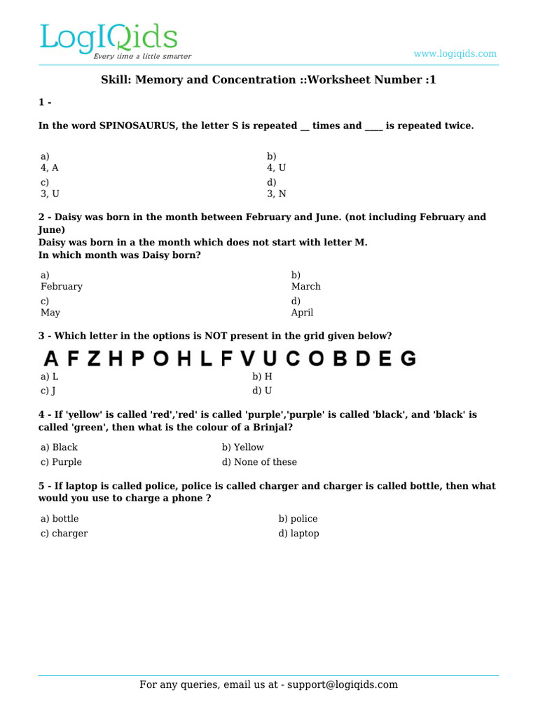 Skill: Memory and Concentration::Worksheet Number:1: A) 4, A B) 4, U C ...