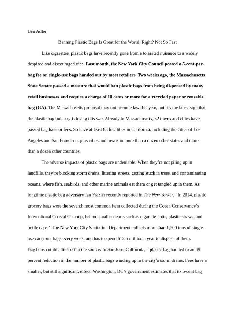 Banning Plastic Bags - Ben Adler | PDF
