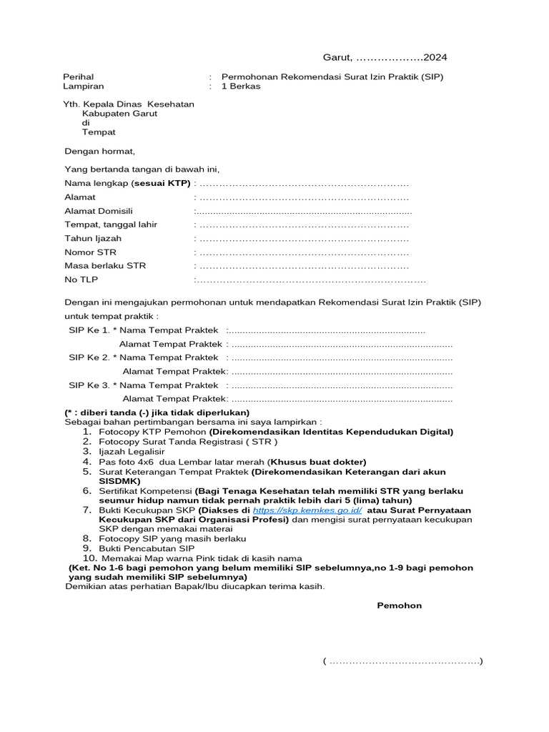 Form Permohonan Pengajuan Rekomendasi SIP 2024 NEW | PDF