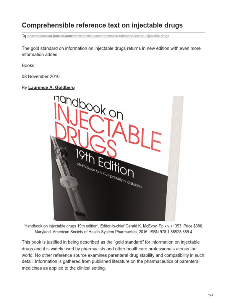 Comprehensible Reference Text On Injectable Drugs | PDF