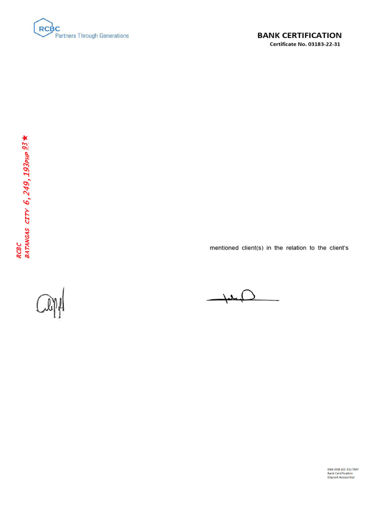 Angelic RCBC Bank Cert | PDF