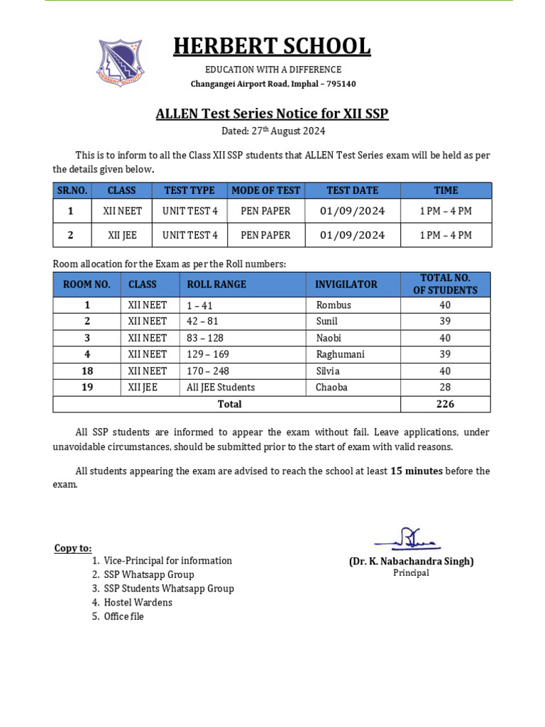 Notice For Class XII (SSP) | PDF