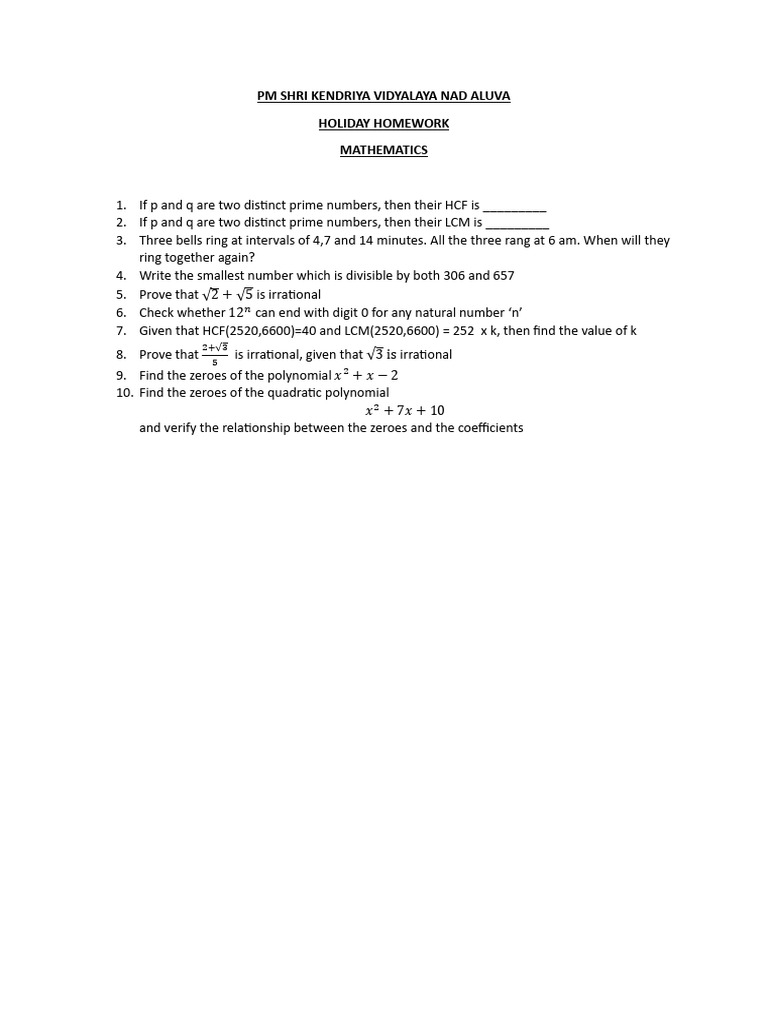 Holiday Homework Class 10 | PDF