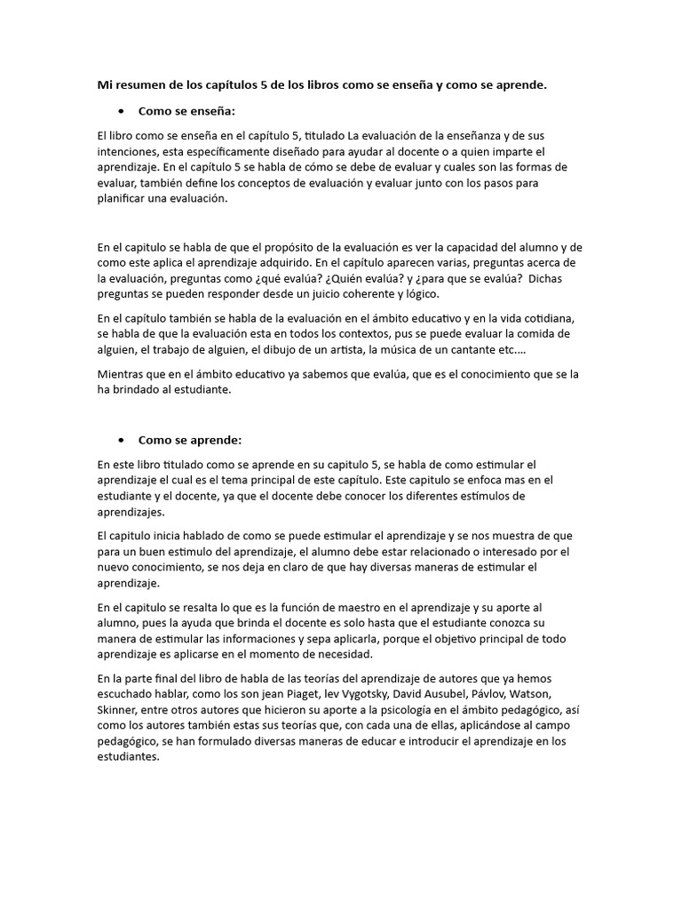 Mi Resumen de Los Capítulos 5 de Los Libros Como Se Enseña y Como Se ...