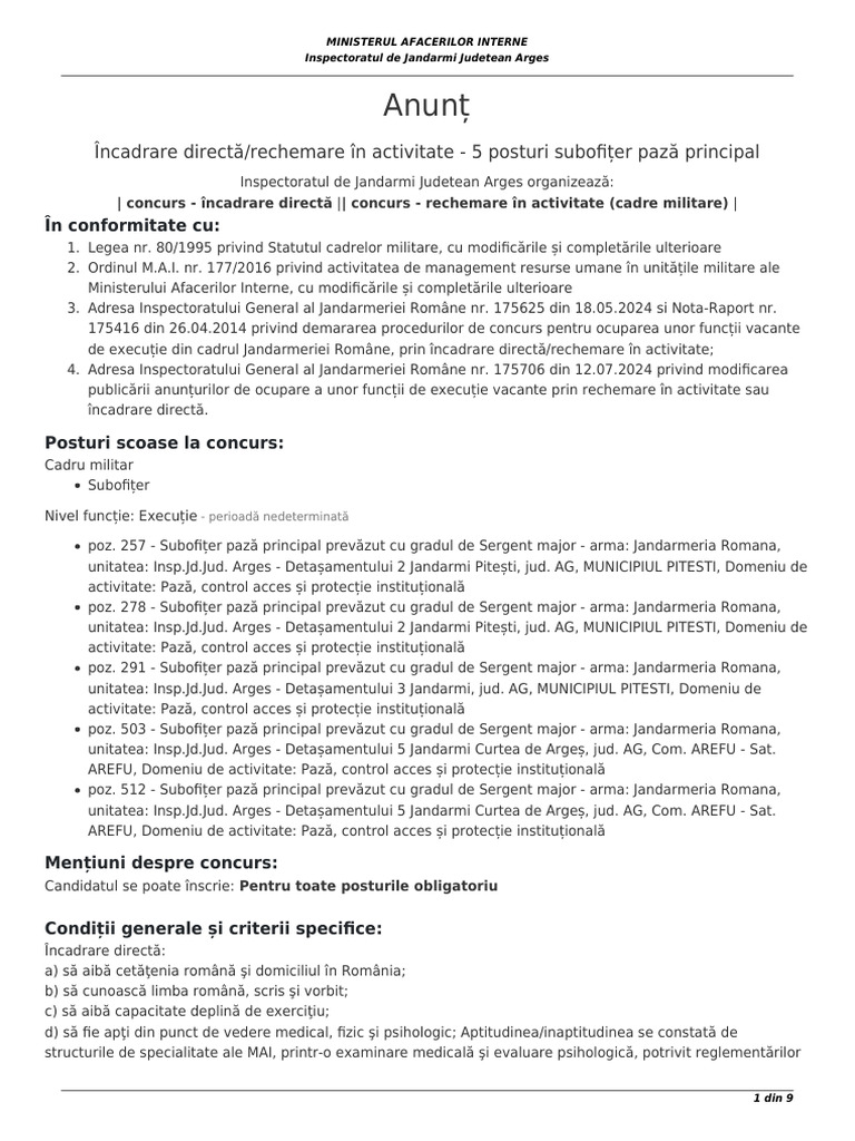 Incadrare Directa - Rechemare in Activitate - 5 Posturi Subofiter Paza ...