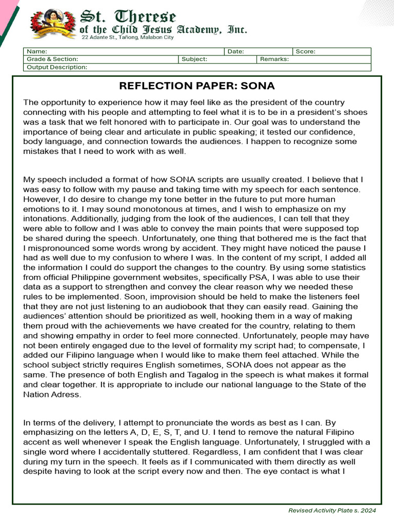 Reflection Paper: Sona: Name: Date: Score: Grade & Section: Subject ...