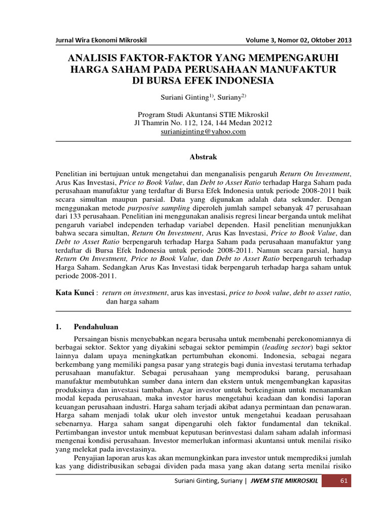 ID Analisis Faktor Faktor Yang Mempengaruhi Harga Saham Pada Perusahaan Manufaktur | PDF