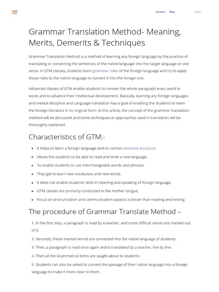 Grammar Translation Method- Meaning, Merits, Demerits & Techniques | PDF Grammar Translation Method- Meaning, Merits, Demerits & Techniques | PDF