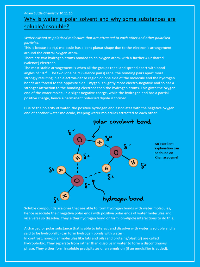 Why Is Water A Polar Solvent and Why Some Substances Are Soluble 8 | PDF