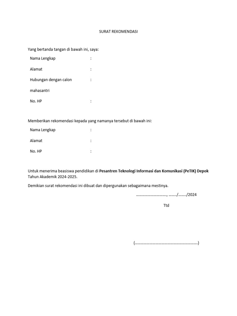 Format Surat Rekomendasi Pesantren PeTIK | PDF