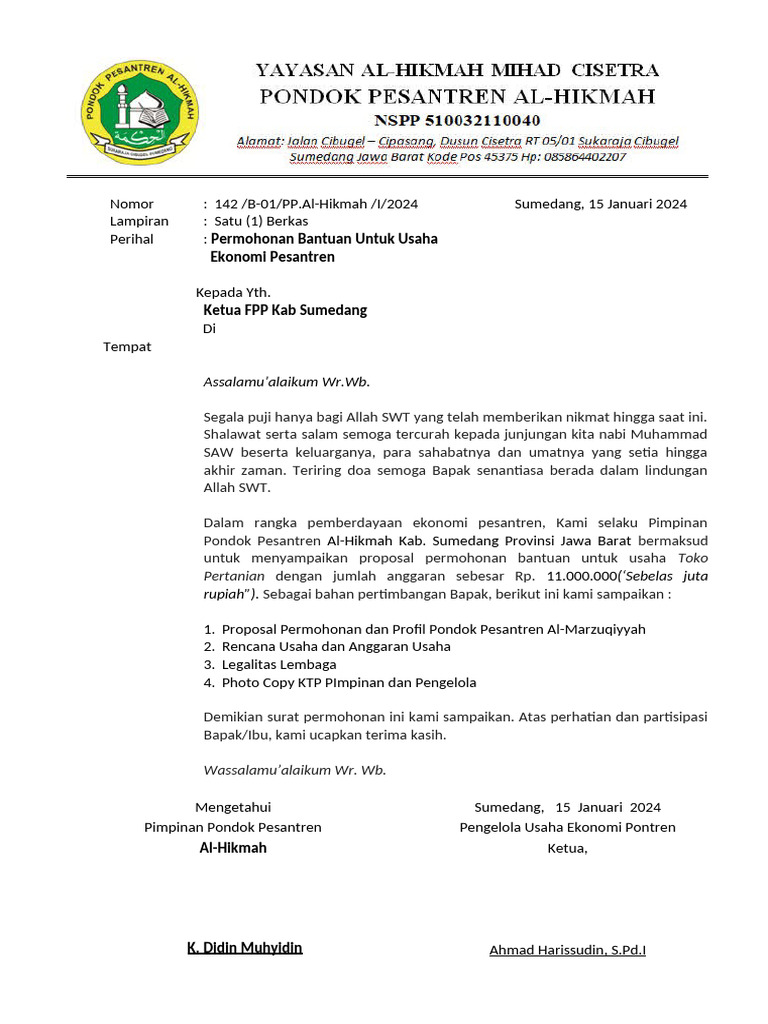Format Pengajuan Usaha Ponpes (Revisi) | PDF