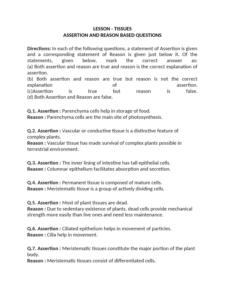 Tissues Assertion Reason Worksheet | PDF