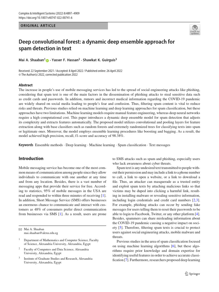 Deep Convolutional Forest: A Dynamic Deep Ensemble Approach For Spam Detection in Text | PDF
