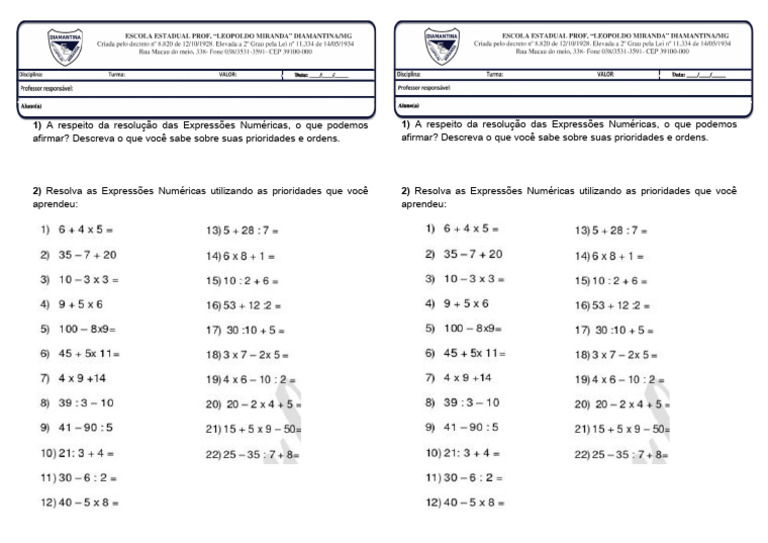 Atividade Expressoes Numericas - 6 Ano | PDF