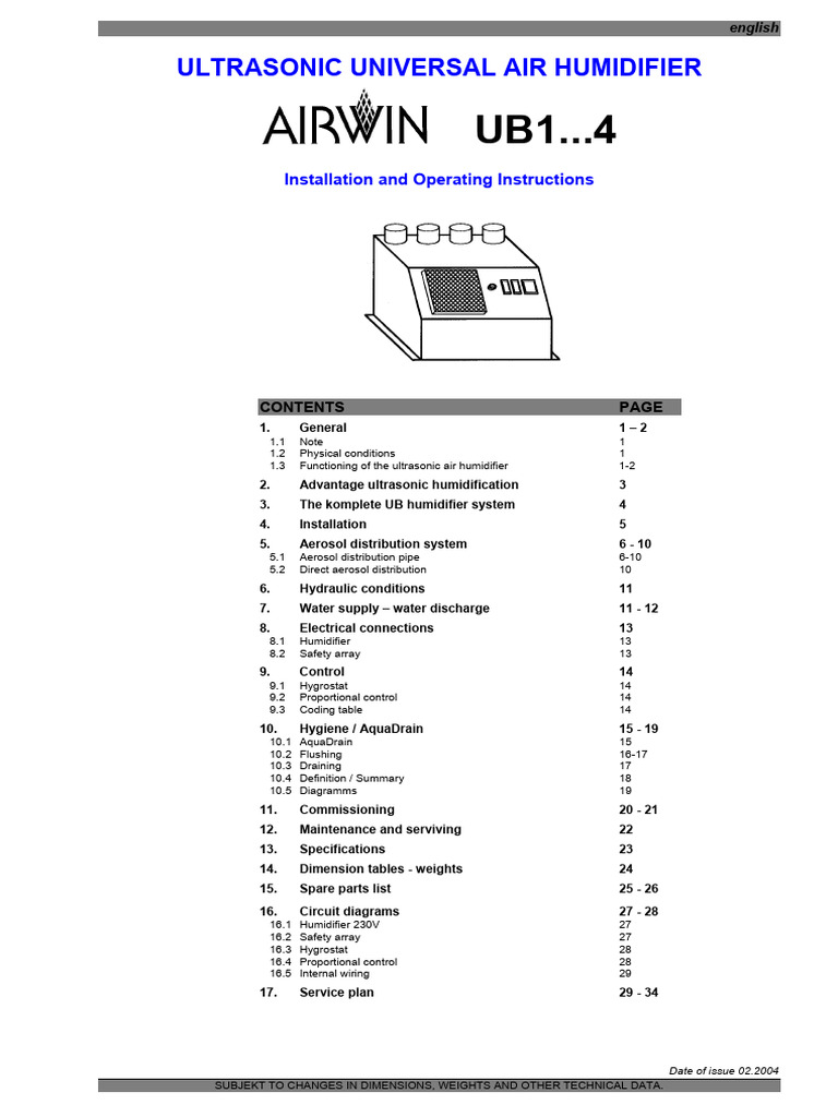 Ultrasonic Universal Air Humidifier: Installation and Operating ...