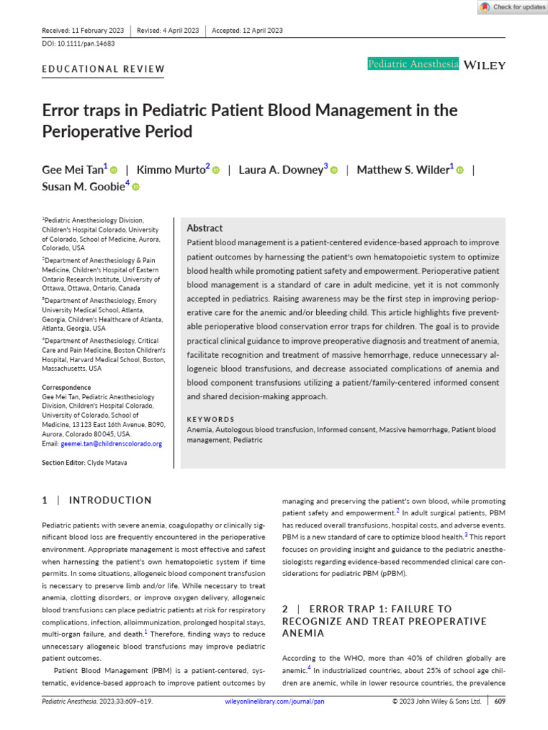 Error Traps in Pediatric Patient Blood Management in The Perioperative Period | PDF