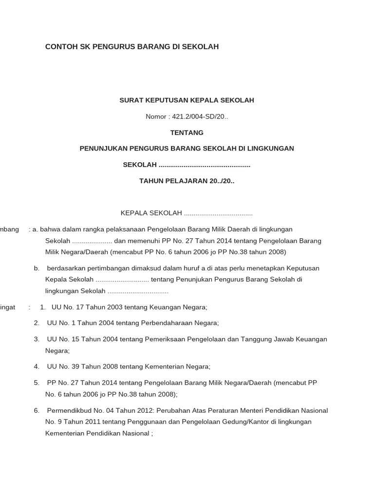 Contoh SK Pengurus Barang Di Sekolah | PDF