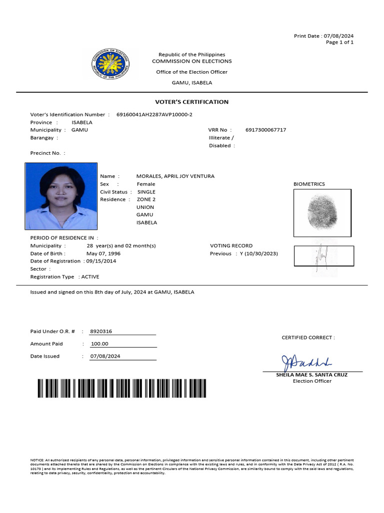 April Joy Voter's Certificate | PDF