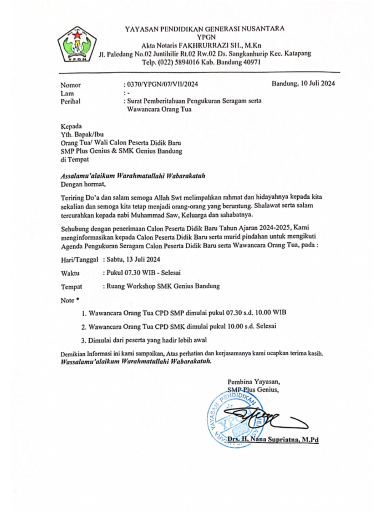 Surat Pemberitahuan Pengukuran Seragam & | PDF