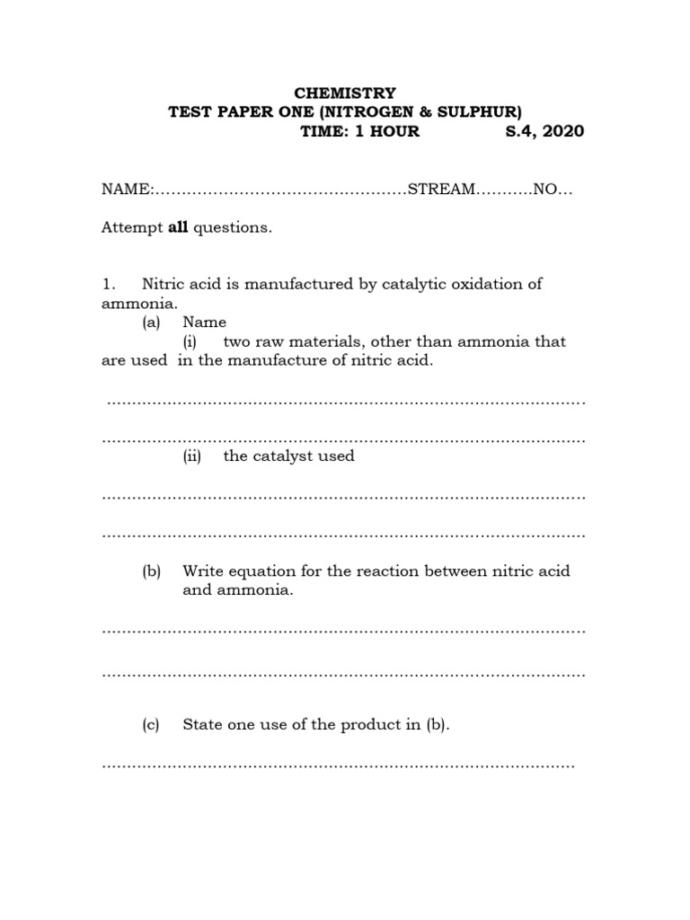 S.4 Chemistry Revision Test Paper 1 NITROGEN Amp SULPHUR | PDF ...