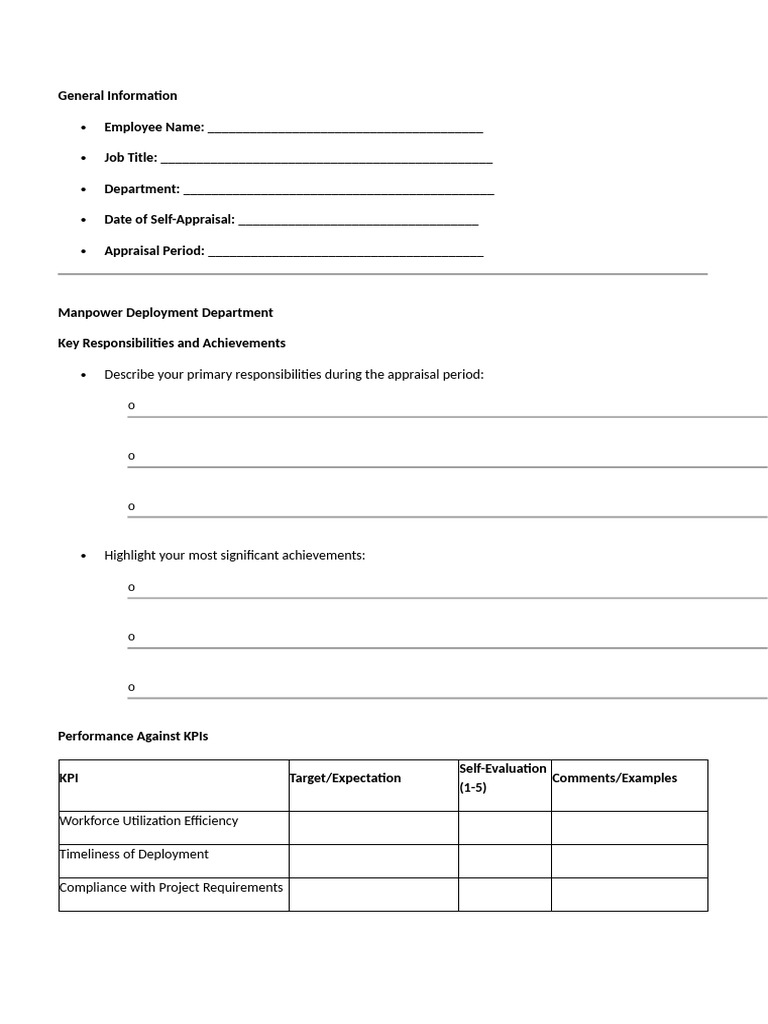 SELF APPRAISAL FORM - MANPOWER DEPLOYMENT | PDF