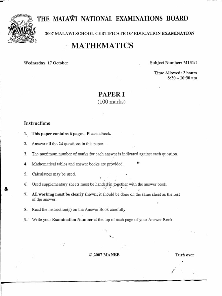 2006msce Math Paper | PDF