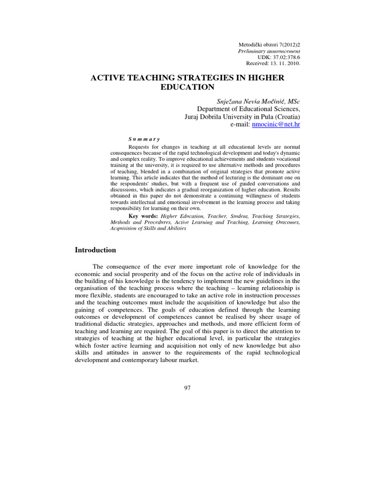 1 - Active Teaching Strategies in Higher Education | PDF