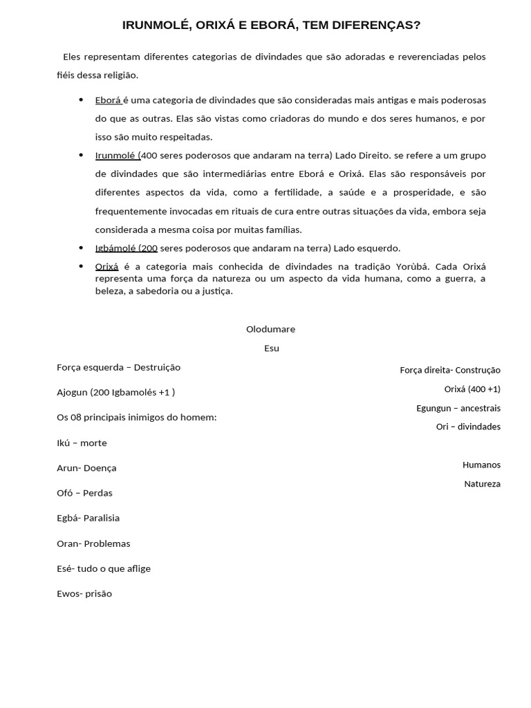 Irunmolé Orixá Eborá Diferenças Entre Eles | PDF