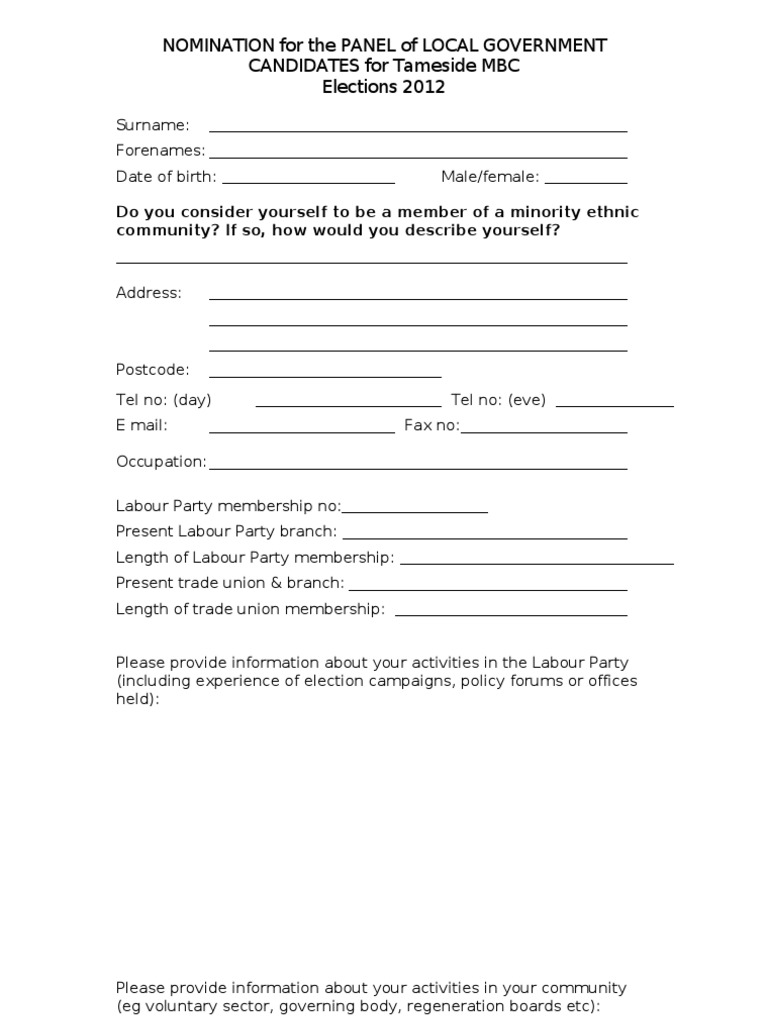 Panel Application Form | PDF | Labour Party (Uk) | Elections