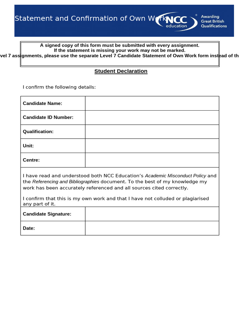 Candidate Statement of Own Work [55] | PDF