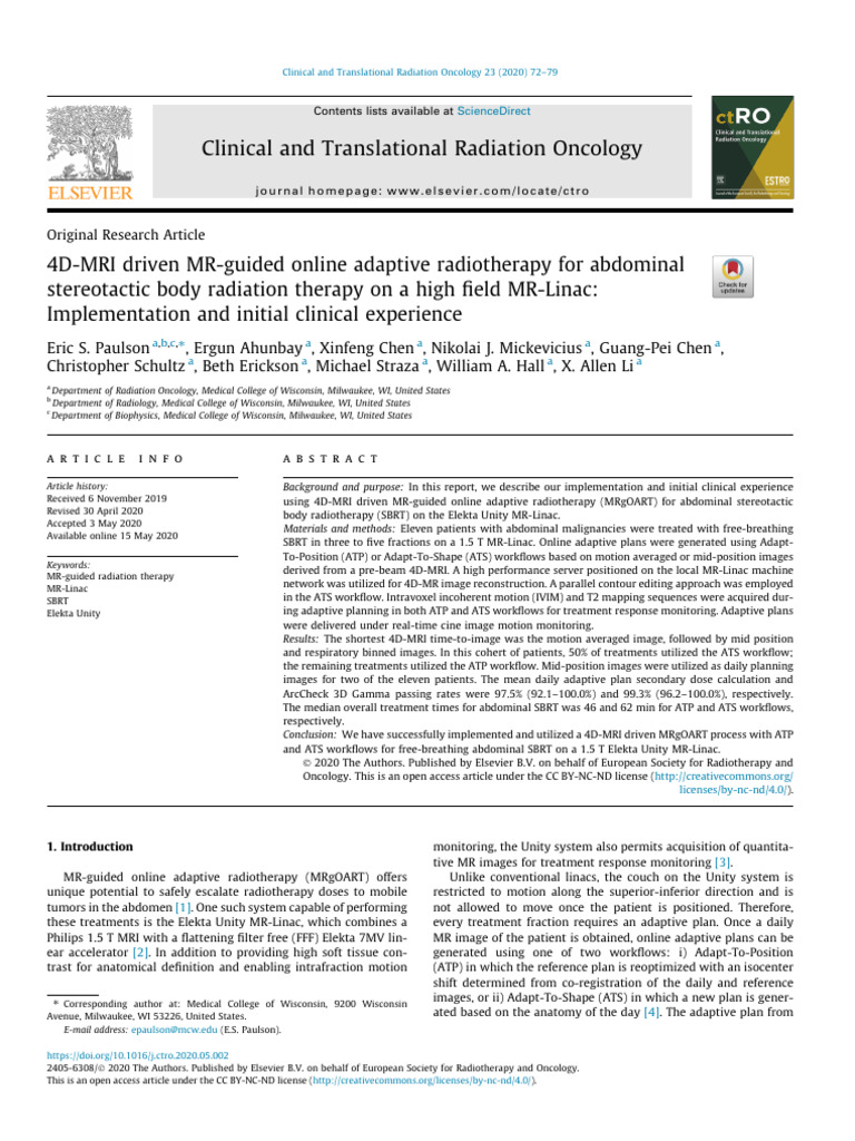 Paulson et al_2020_4D-MRI driven MR-guided online adaptive radiotherapy ... Paulson et al_2020_4D-MRI driven MR-guided online adaptive radiotherapy ...
