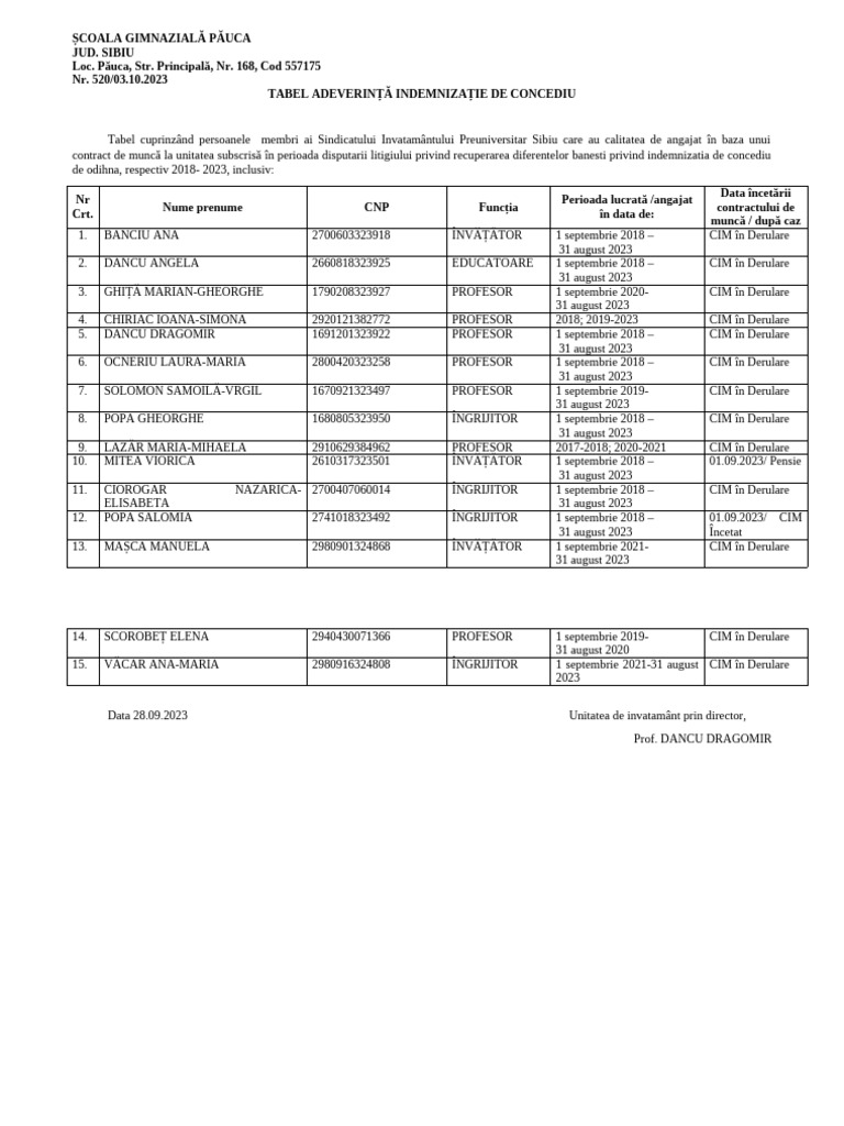 Tabel Adeverinta Indemnizatie Concediu | PDF