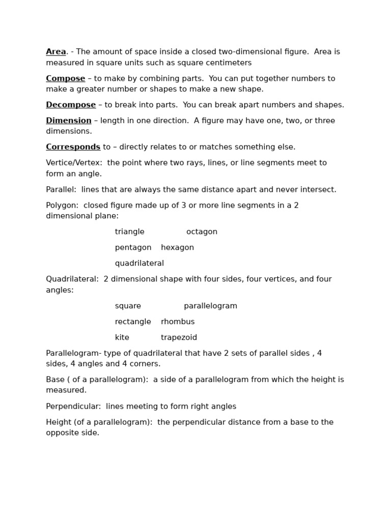 Area of Parallelogram Vocab | PDF