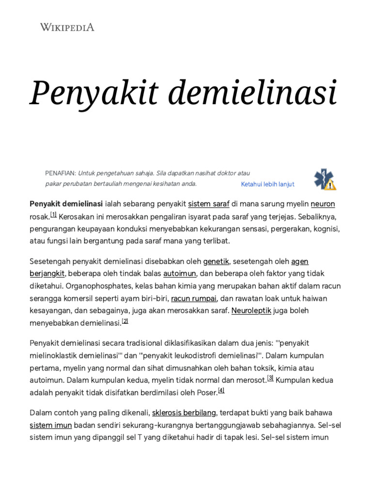 Penyakit Demielinasi - Wikipedia Bahasa Melayu, Ensiklopedia Bebas | PDF