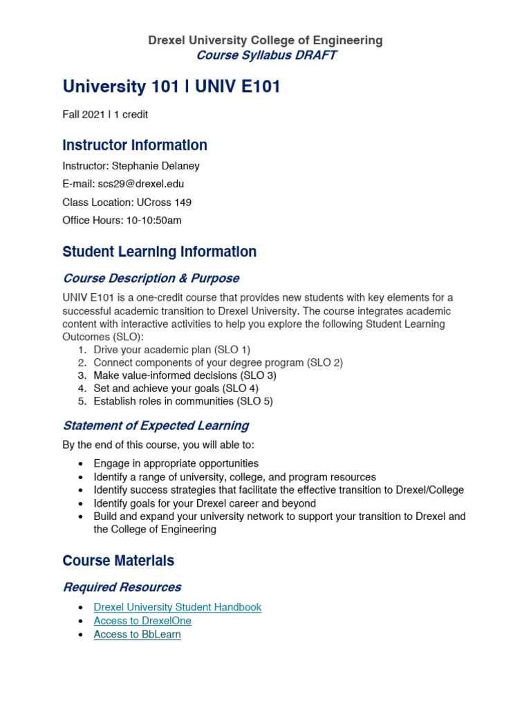 UNIV E101 Syllabus 202015 | PDF