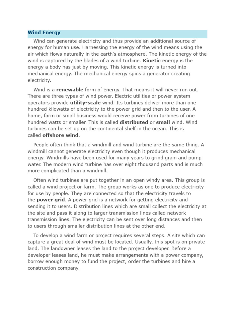 Wind Energy-Comprehension 2 | PDF