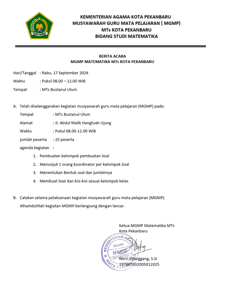 BERITA ACARA & NOTULENSI MGMP MTK MTs 20240917 | PDF