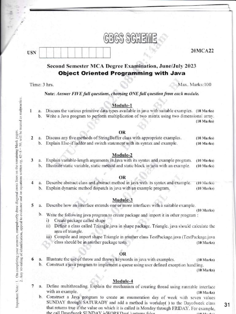 OOPJ 20MCA22 2023-June | PDF | Computer Programming | Java Platform