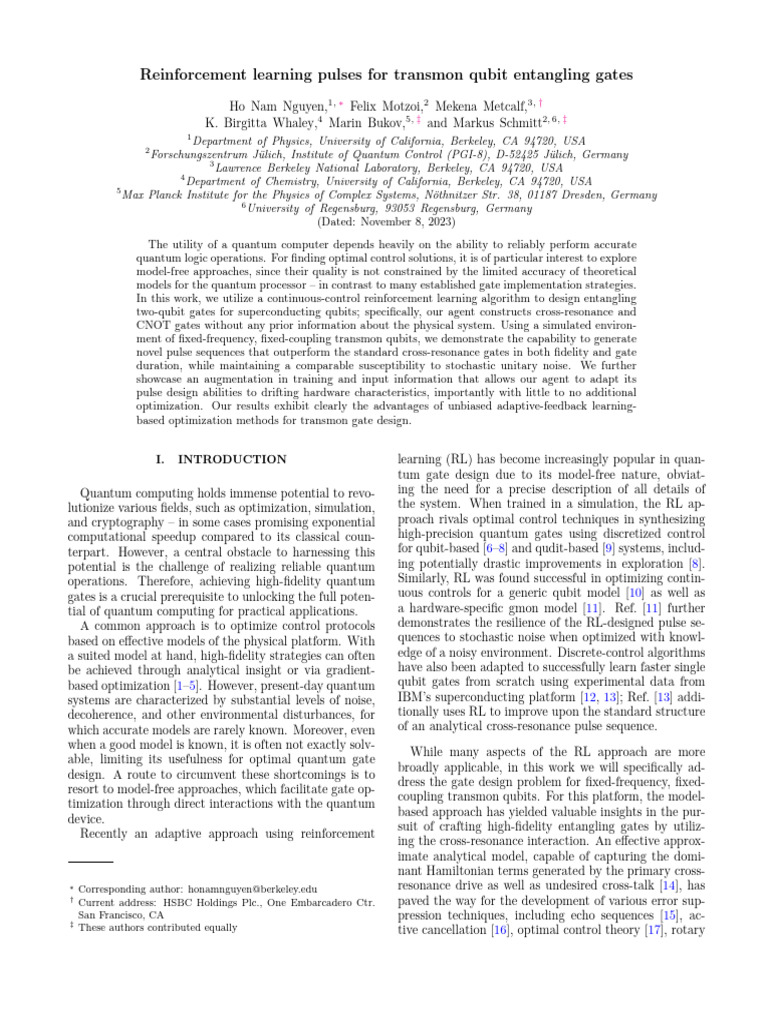 Deep Reinforcement Learning For Two Qubit Gates | PDF