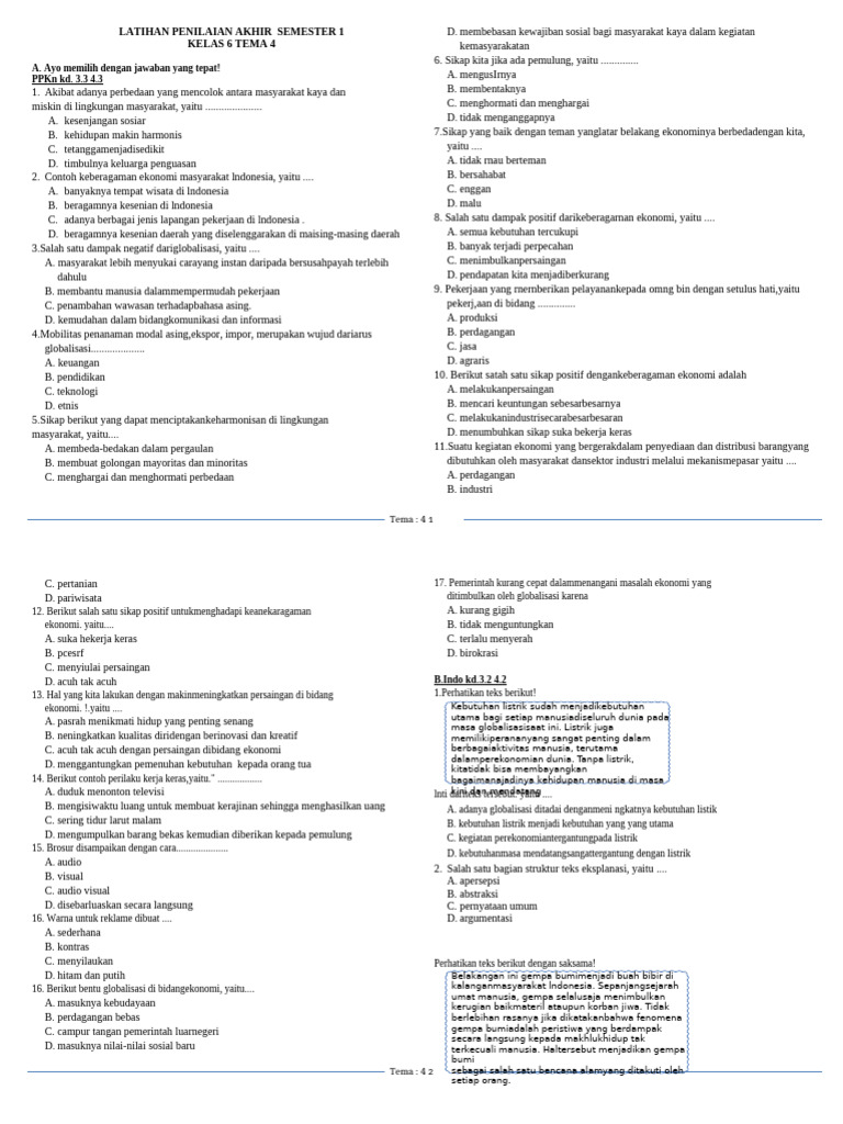 Soal Pas Kelas 6 Tema 4 | PDF