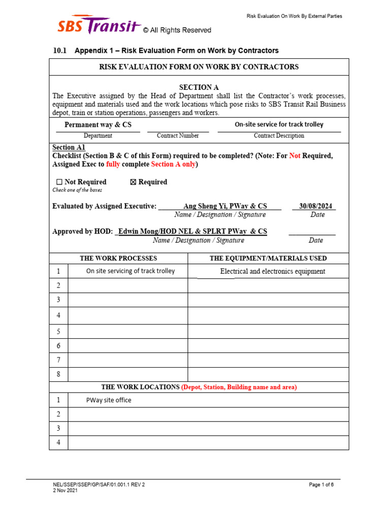 Risk Evaluation Form (Servicing of Trolley) | PDF