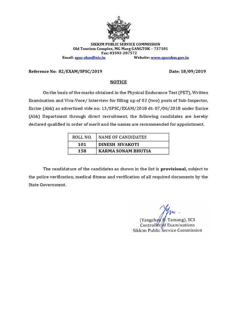 Notice For Selection To The Post of SI Excise | PDF