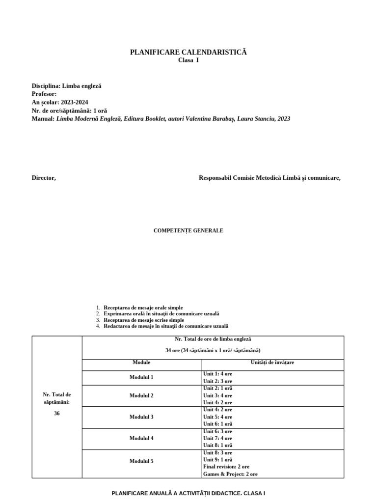 Planificare cls 1 - Copie | PDF