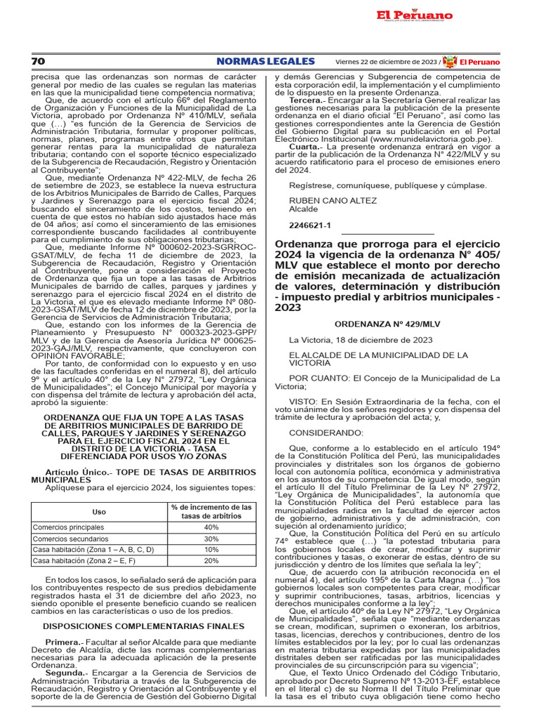 Ordenanza #429-MLV - Derecho de Emision | PDF