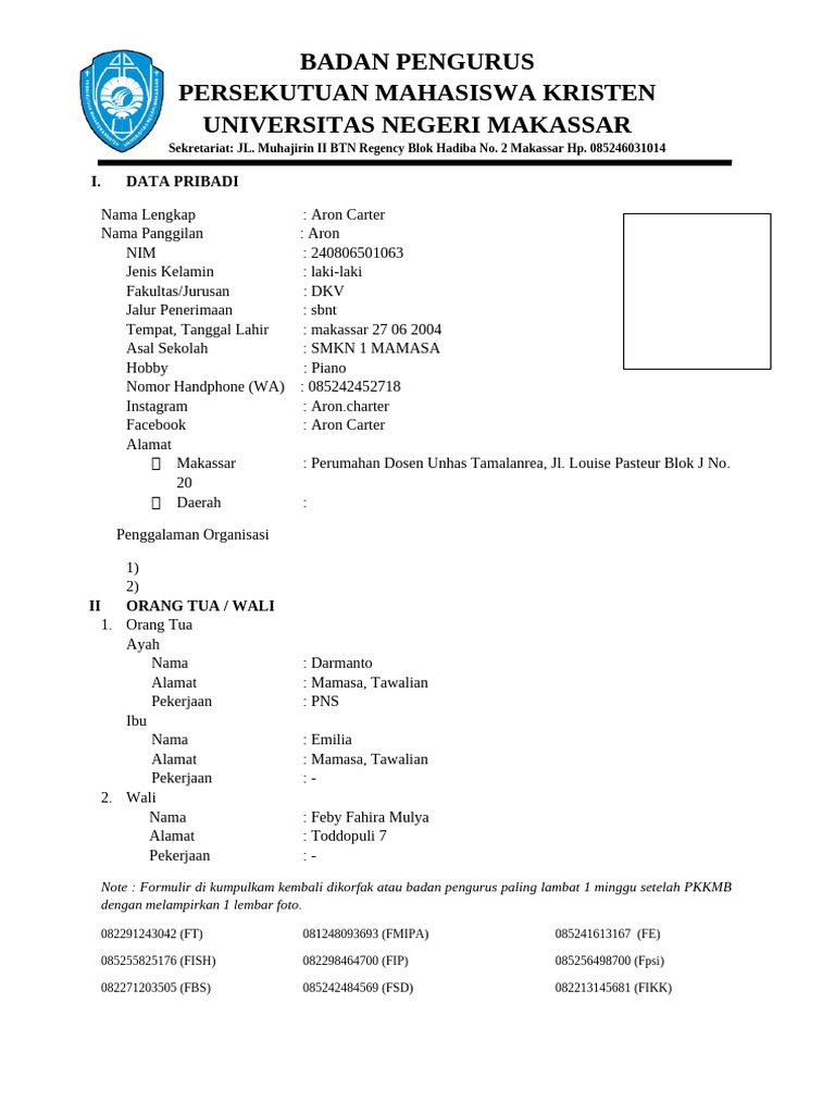 Formulir Pendaftaran Maba 2024 PMK Unm | PDF