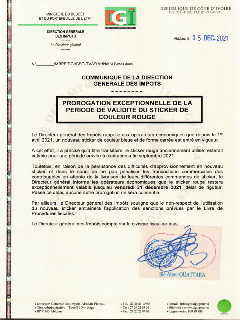 Communique - 15122021 Portant Prorogation Exceptionnelle de La Periode de Validité Du Sticker ...