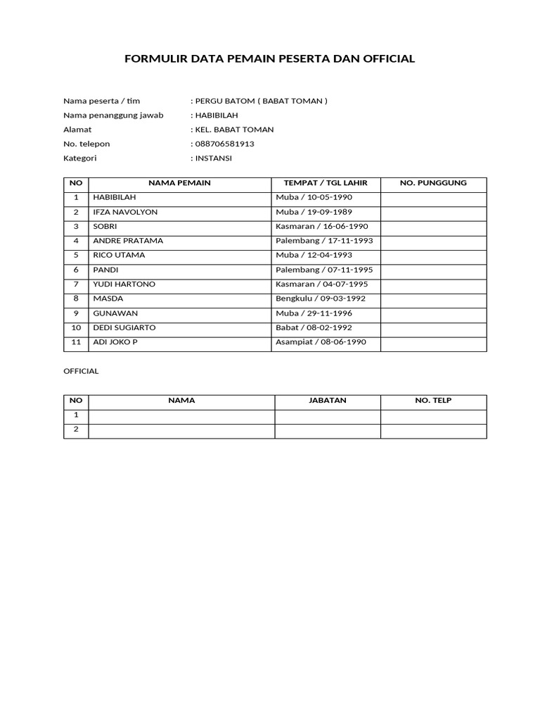 Formulir Data Pemain Peserta Dan Official | PDF