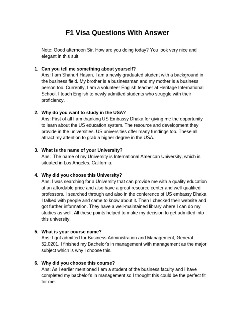F1 Visa Questions With Answer 2 | PDF