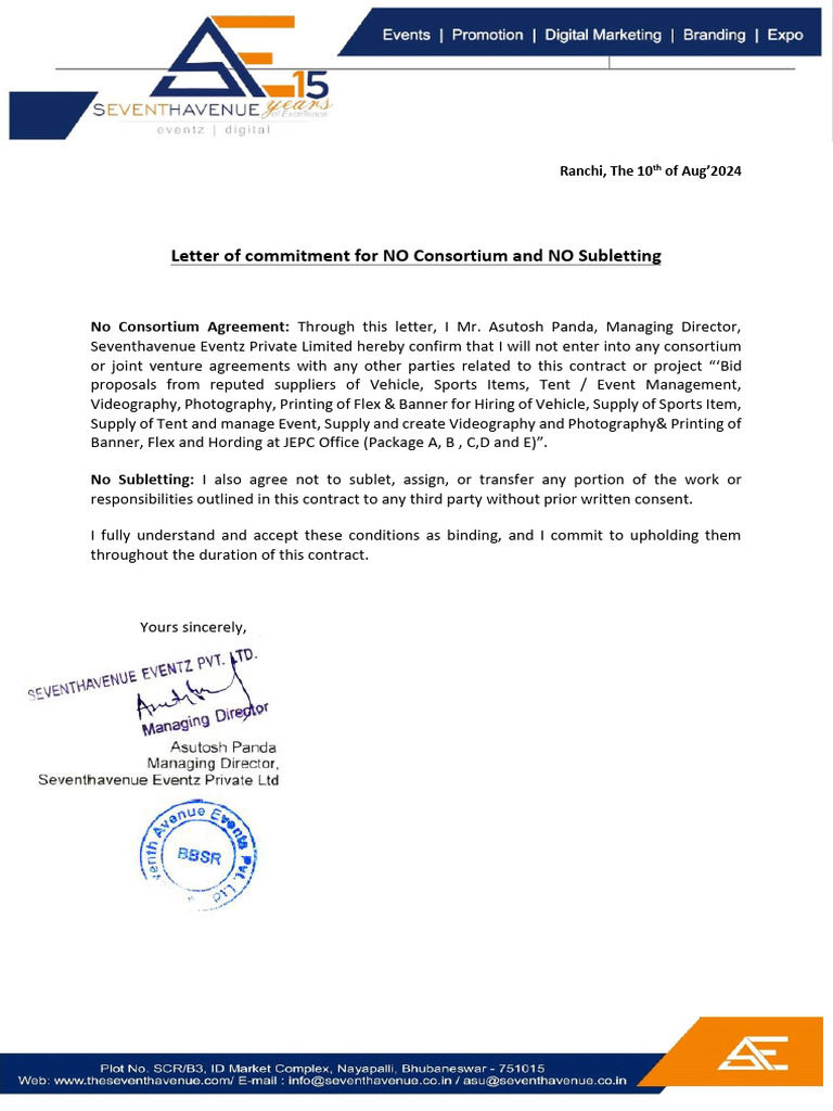 Letter of Commitment For No Consortium or Sublet | PDF