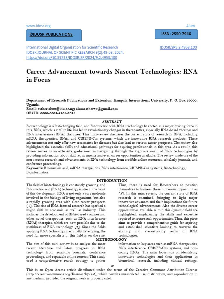 Career Advancement Towards Nascent Technologies: RNA in Focus (WWW ...
